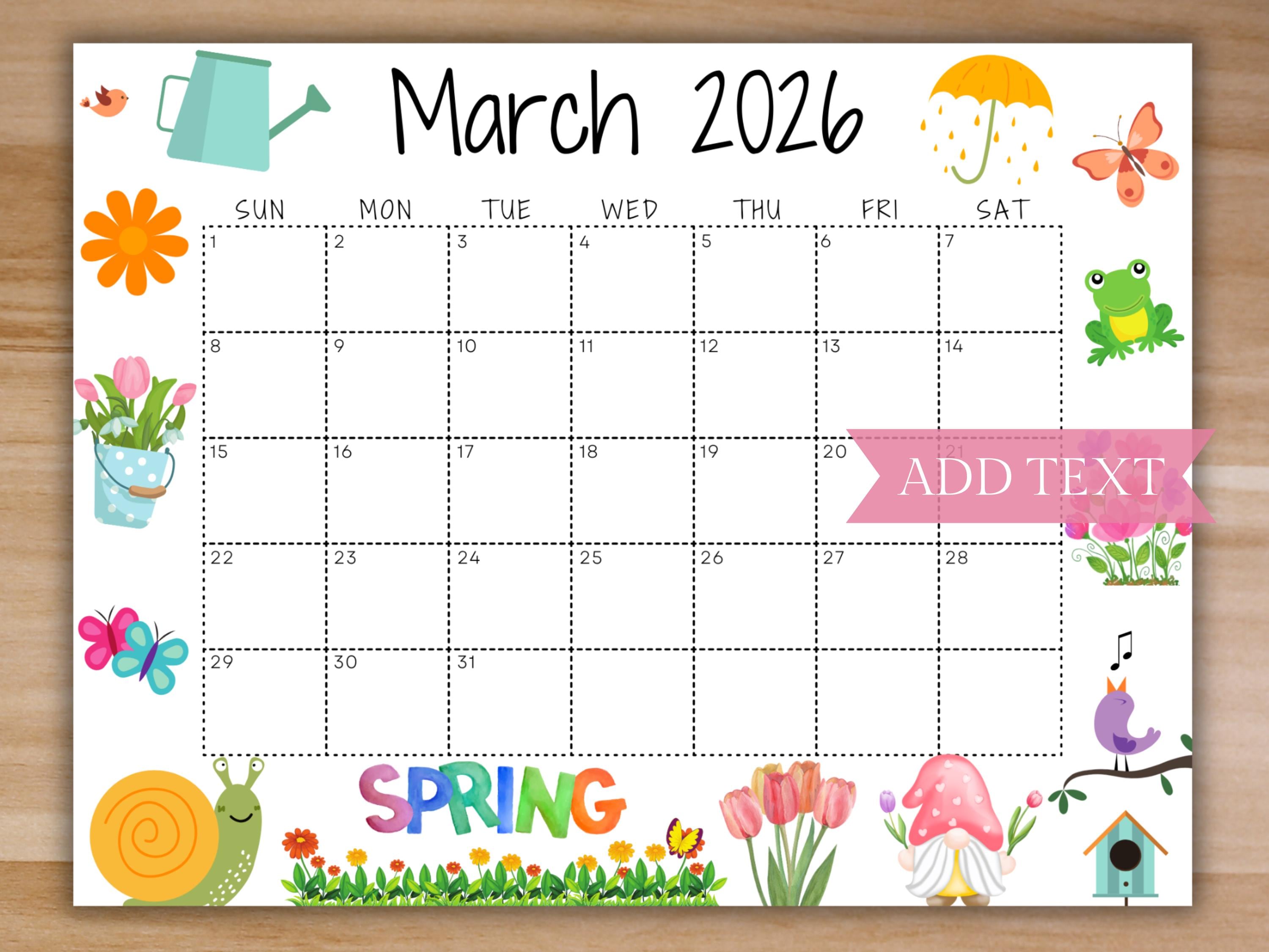 Calendario Imprimible De Marzo Con Tema De Primavera