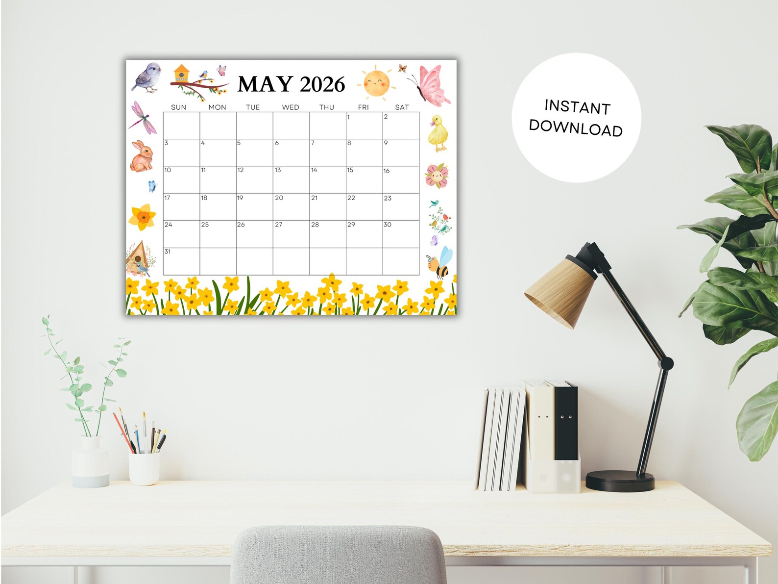 EDITABLE May 2026 Calendar, Printable Calendar W/ Cute Spring Yellow ...