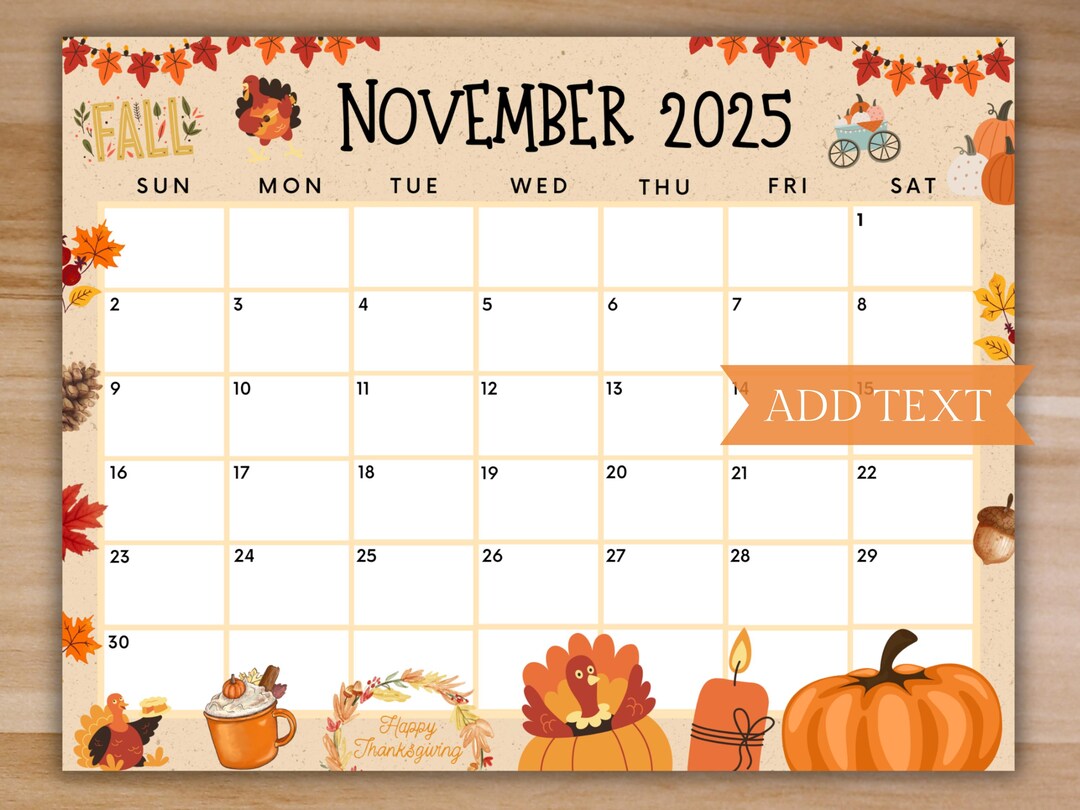 Calendario imprimible de noviembre de 2025, calendario de otoño ...