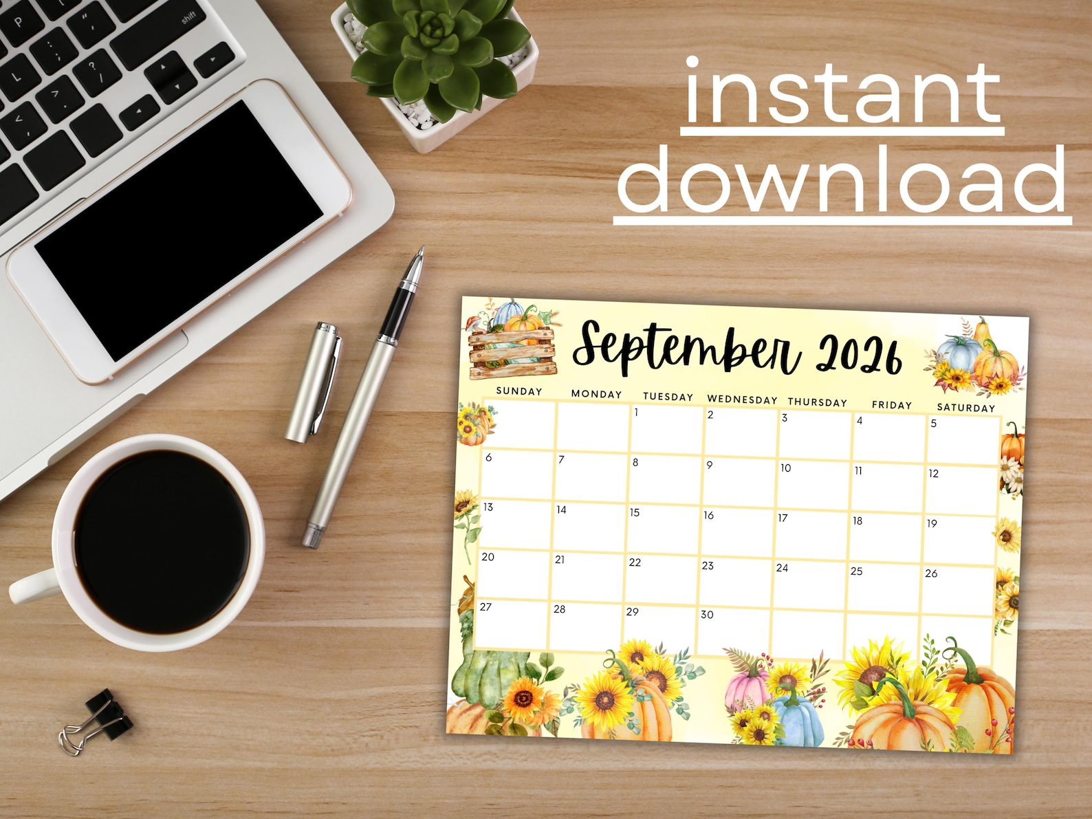 Editable September 2026 Calendar, Printable Calendar W/ Sunflowers and ...