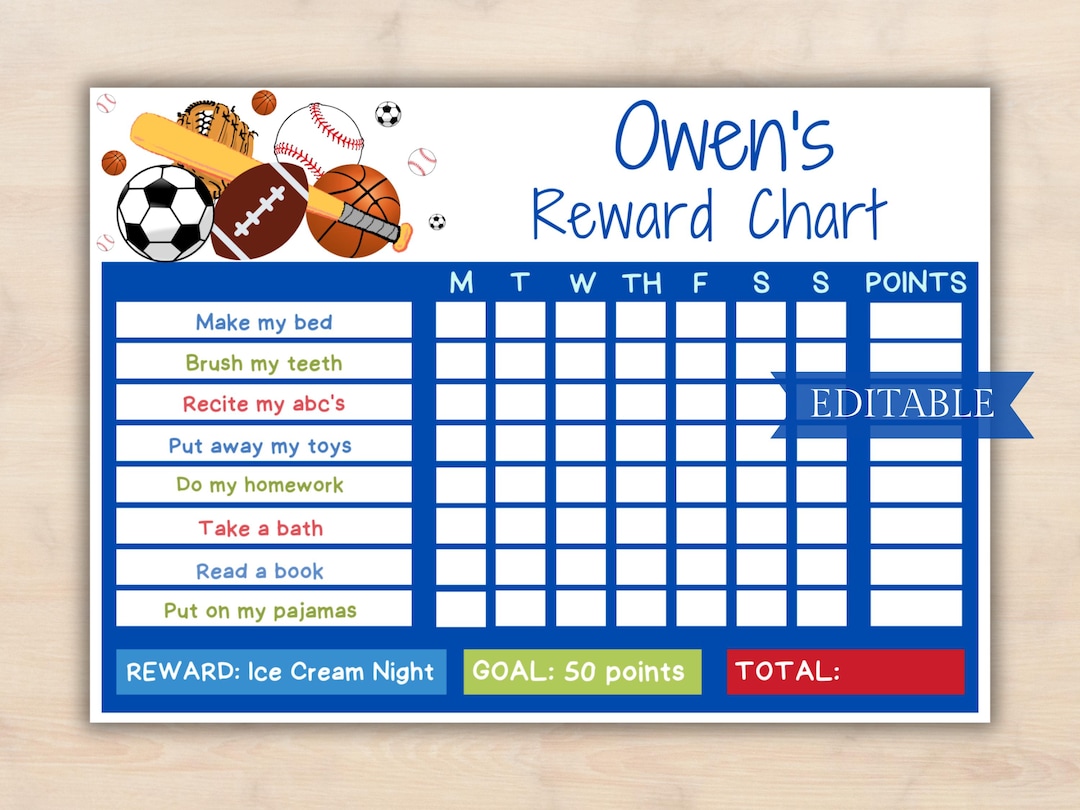 EDITABLE Boys Sports Chore Chart, Blue Sports Reward Chart, Sticker ...
