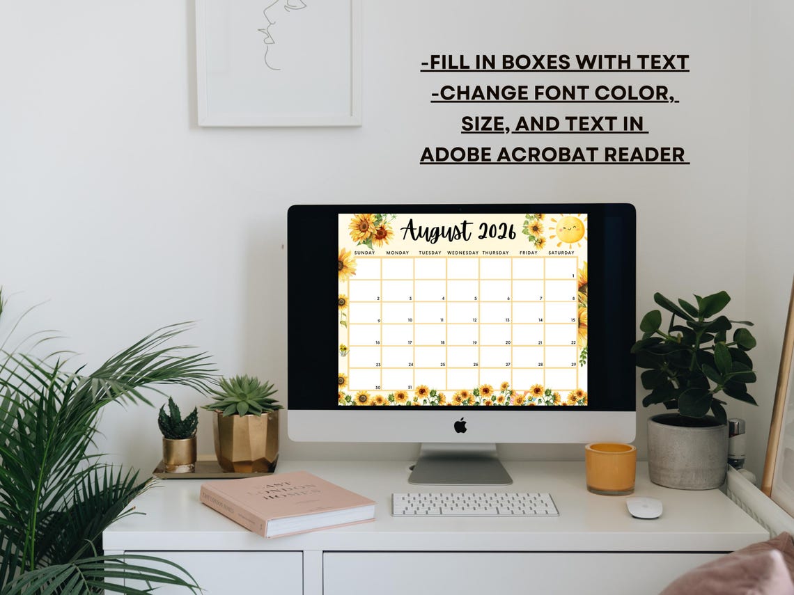 EDITABLE August 2026 Calendar, Printable Calendar, Sunflowers Calendar ...