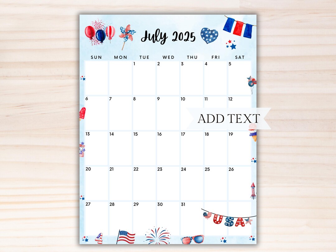 EDITABLE July 2025 Summer Calendar, Vertical Fourth of July Calendar ...