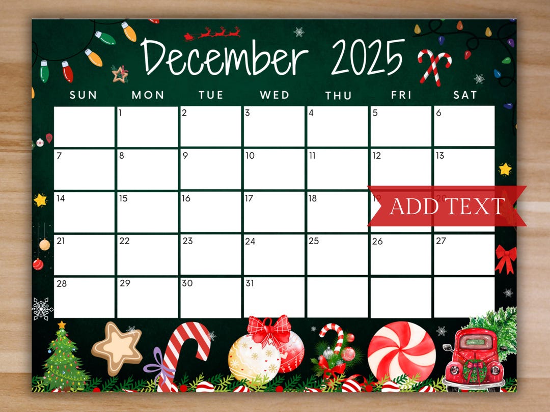 Editable December 2025 Calendar, Christmas Calendar, Holiday Calendar ...