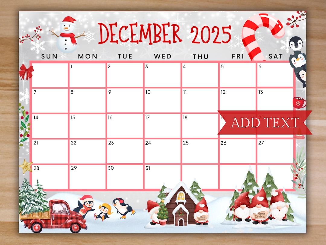 Editable December 2025 Calendar, Printable Christmas Calendar W ...