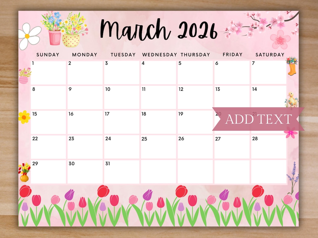 EDITABLE March 2026 Calendar, Printable Cute Spring Calendar, Kids ...
