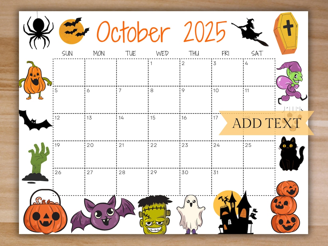 Editable October 2025 Calendar, Printable Spooky Halloween Calendar ...