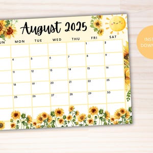 EDITABLE August 2025 Calendar, Printable Calendar 2025, Sunflowers ...