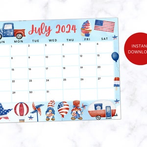 EDITABLE July 2024 Summer Calendar, Printable July 4th Calendar ...
