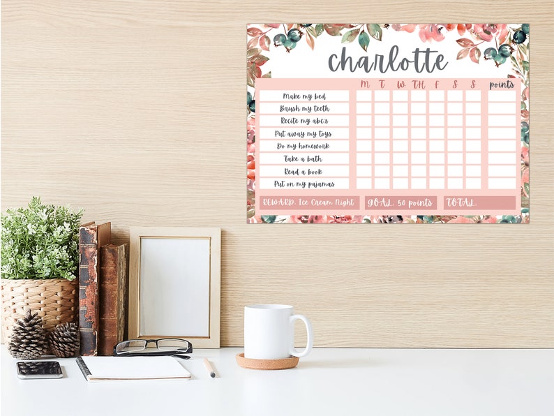 Editable Kids Chore Chart, Girl Reward Chart, Daily Chore Chart W/ Pink ...