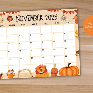 Printable November 2025 Calendar, Editable Fall Calendar, School ...