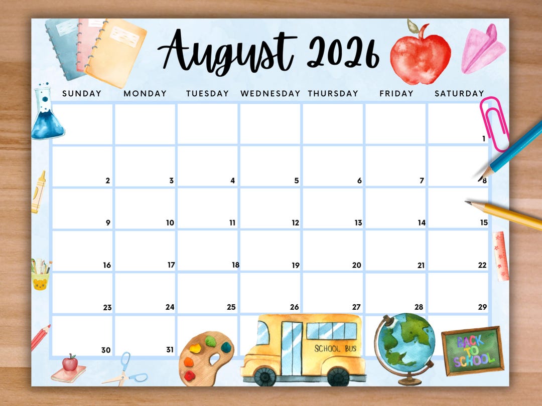 Editable August 2026 Calendar, Printable Back to School Calendar W ...
