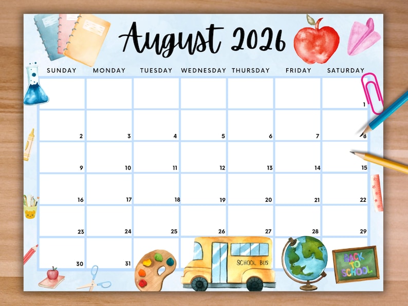 Editable August 2026 Calendar, Printable Back to School Calendar W ...