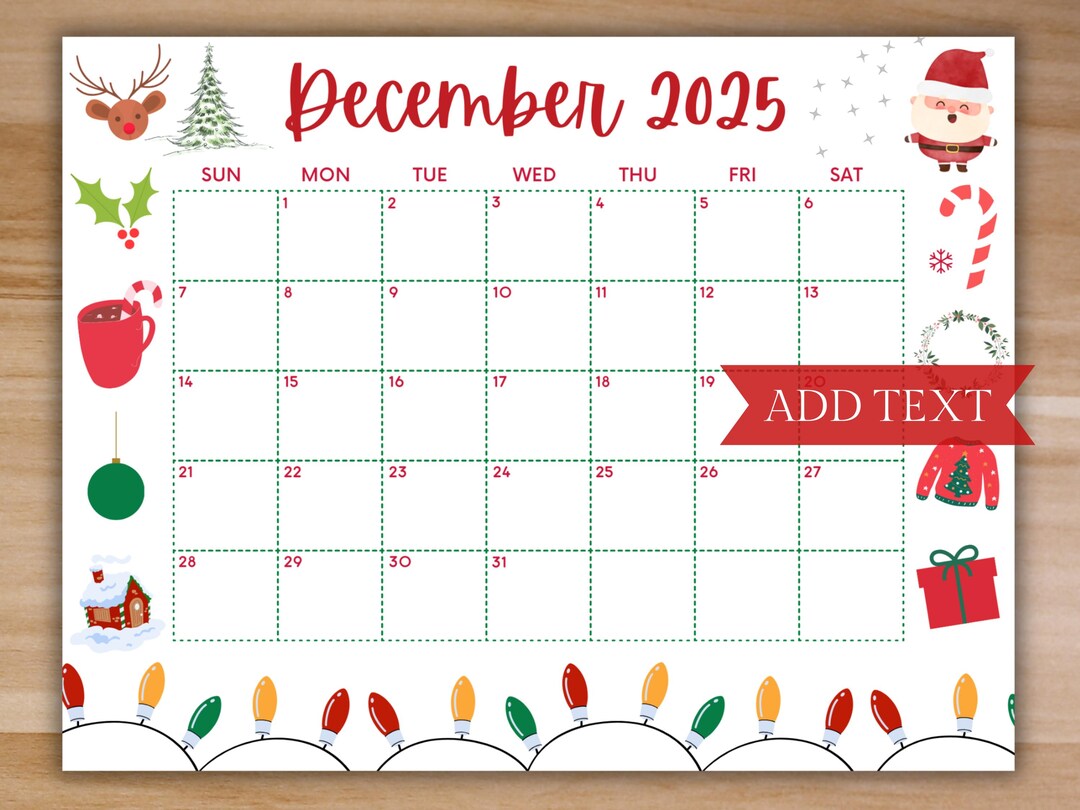 PRINTABLE December Calendar, Christmas Calendar, Holiday Calendar ...