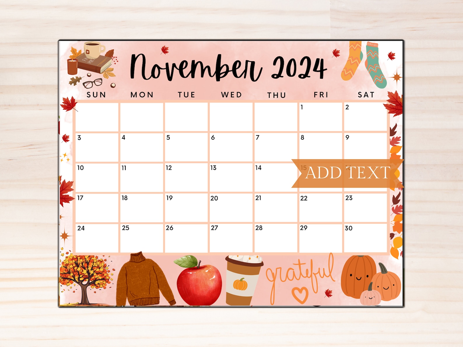 Editable November 2024 Calendar, Printable Wall Calendar 2024, Grateful ...