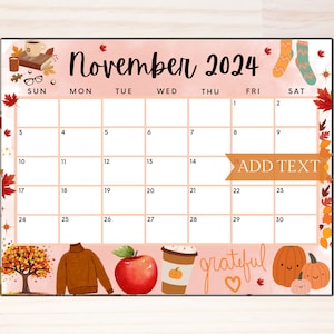 Editable November 2024 Calendar, Printable Wall Calendar 2024, Grateful ...