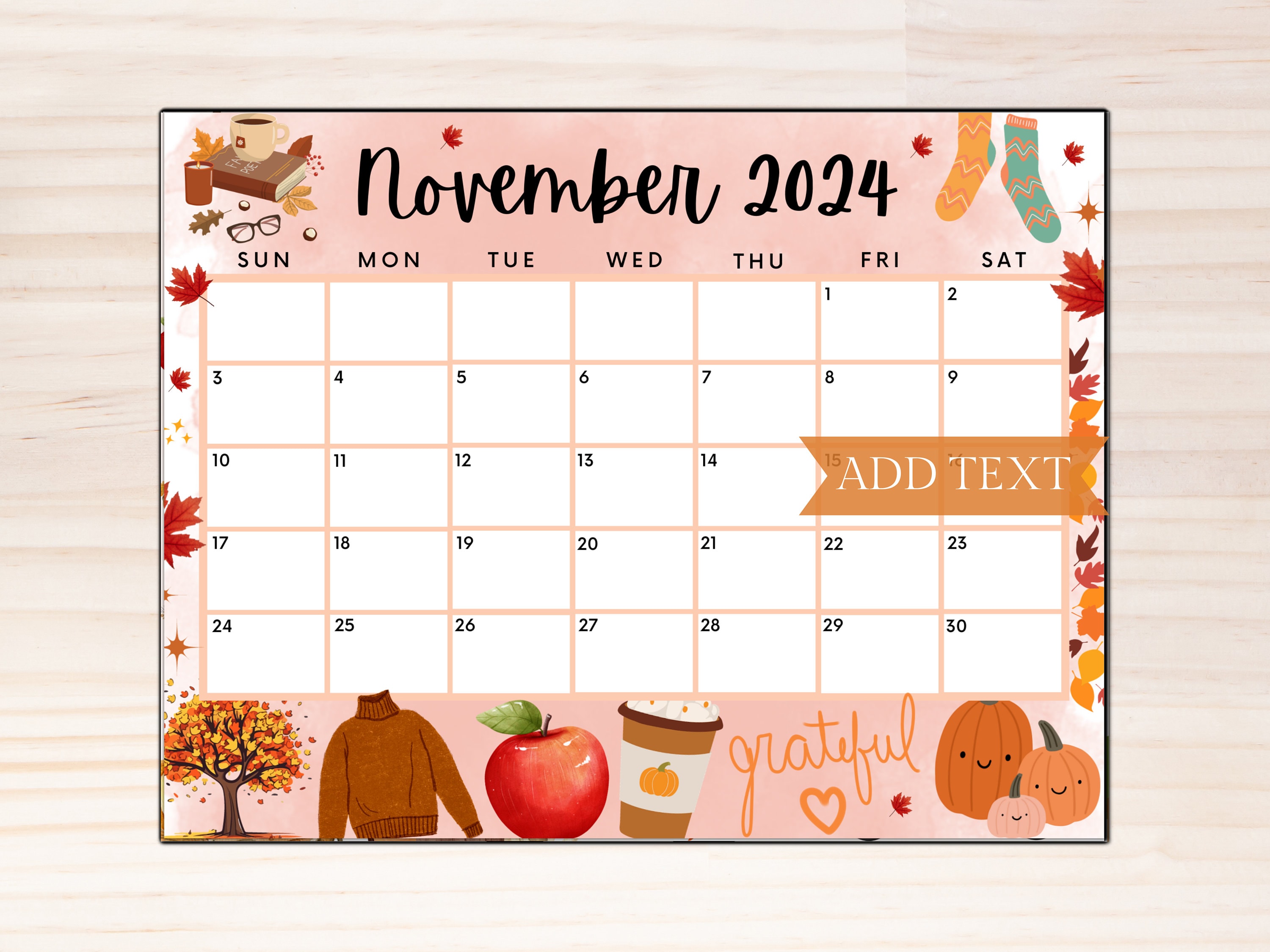 Editable November 2024 Calendar, Printable Wall Calendar 2024, Grateful ...