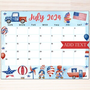 EDITABLE July 2024 Summer Calendar, Printable July 4th Calendar ...