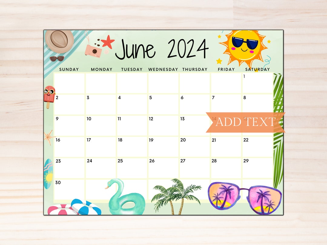EDITABLE June 2024 Calendar, Printable Summer Calendar, Cute Calendar ...