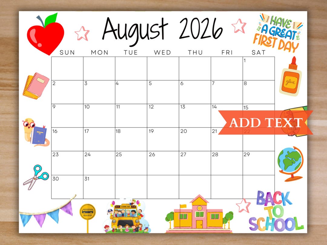 EDITABLE August 2026 Calendar, Printable Calendar 2026, Back to School ...