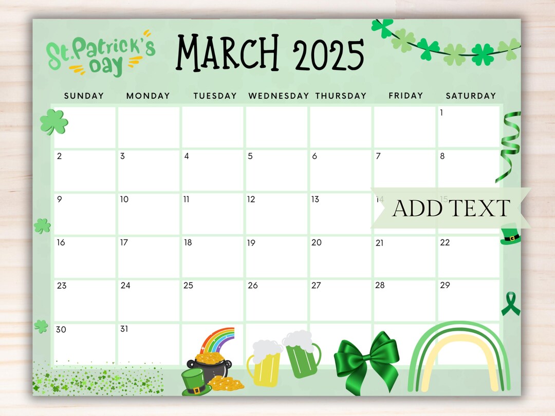 Editable March 2025 Calendar, Printable St Patricks Day Calendar W ...