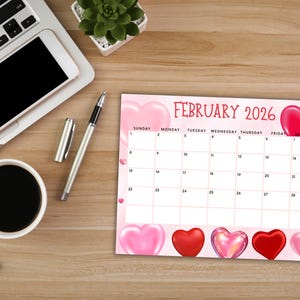 Editable February 2026 Calendar, Printable Valentine's Day Calendar W ...
