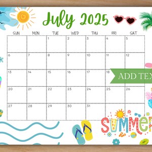 EDITABLE July 2025 Calendar, Printable School Calendar, Monthly ...