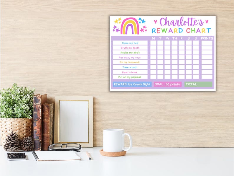 EDITABLE Kids Rainbow Reward Chart, Girls Chore Chart W/ Purple and ...