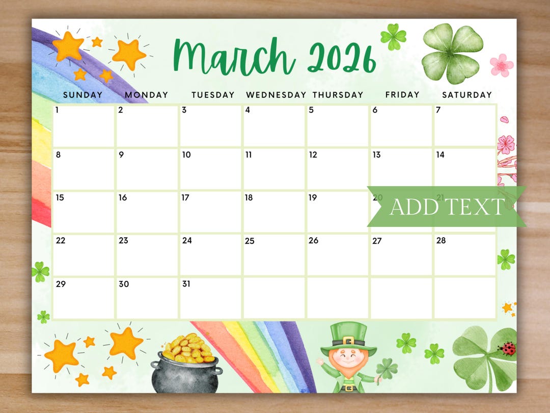 EDITABLE March 2026 Calendar, Printable Rainbow Calendar W/ Happy St Patricks Day Planner for ...