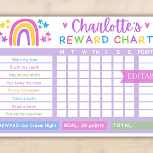 EDITABLE Kids Rainbow Reward Chart, Girls Chore Chart W/ Purple and ...