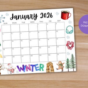 Editable January 2026 Calendar, Printable Winter Calendar, Winter ...