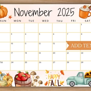 Editable November 2025 Calendar, Printable 2025 Calendar, Fall Calendar ...