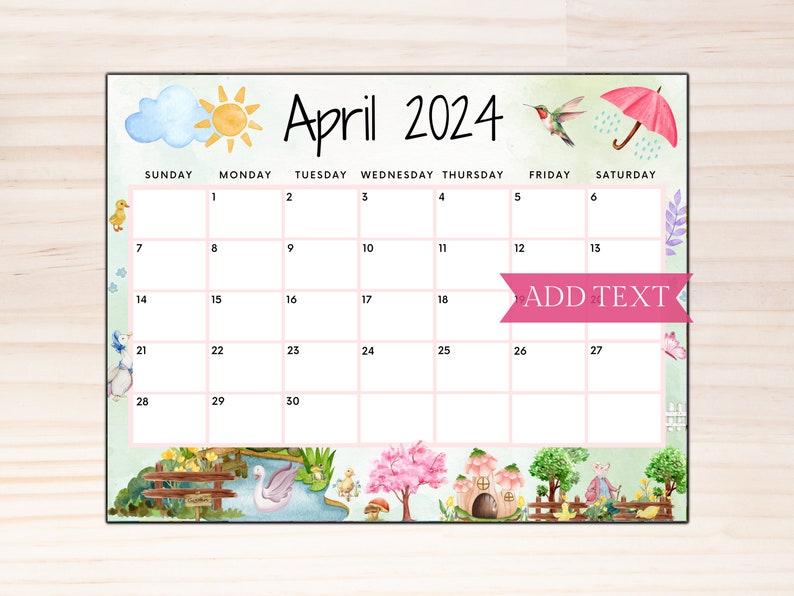 Editable Printable April 2024 Calendar, Green Spring Calendar W/ Cute ...