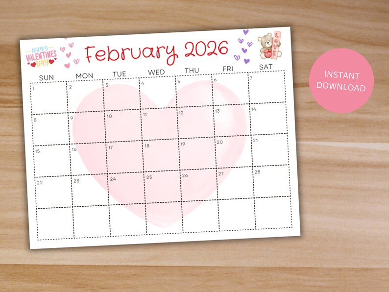 Editable February 2026 Calendar, Valentine's Day Calendar, Kids School ...