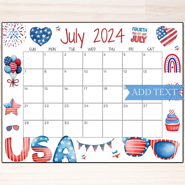 Fourth of July Printable Calendar - Etsy