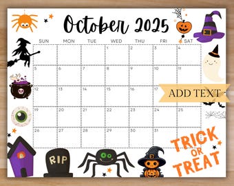 EDITABLE October 2025 Calendar, Cute Halloween Clipart, 2025 October ...