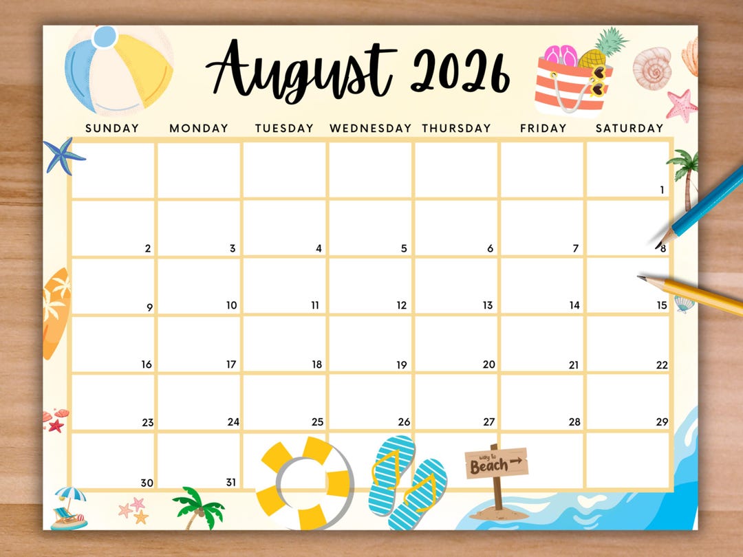 Printable August 2026 Calendar, Editable Calendar, Summer Calendar at ...