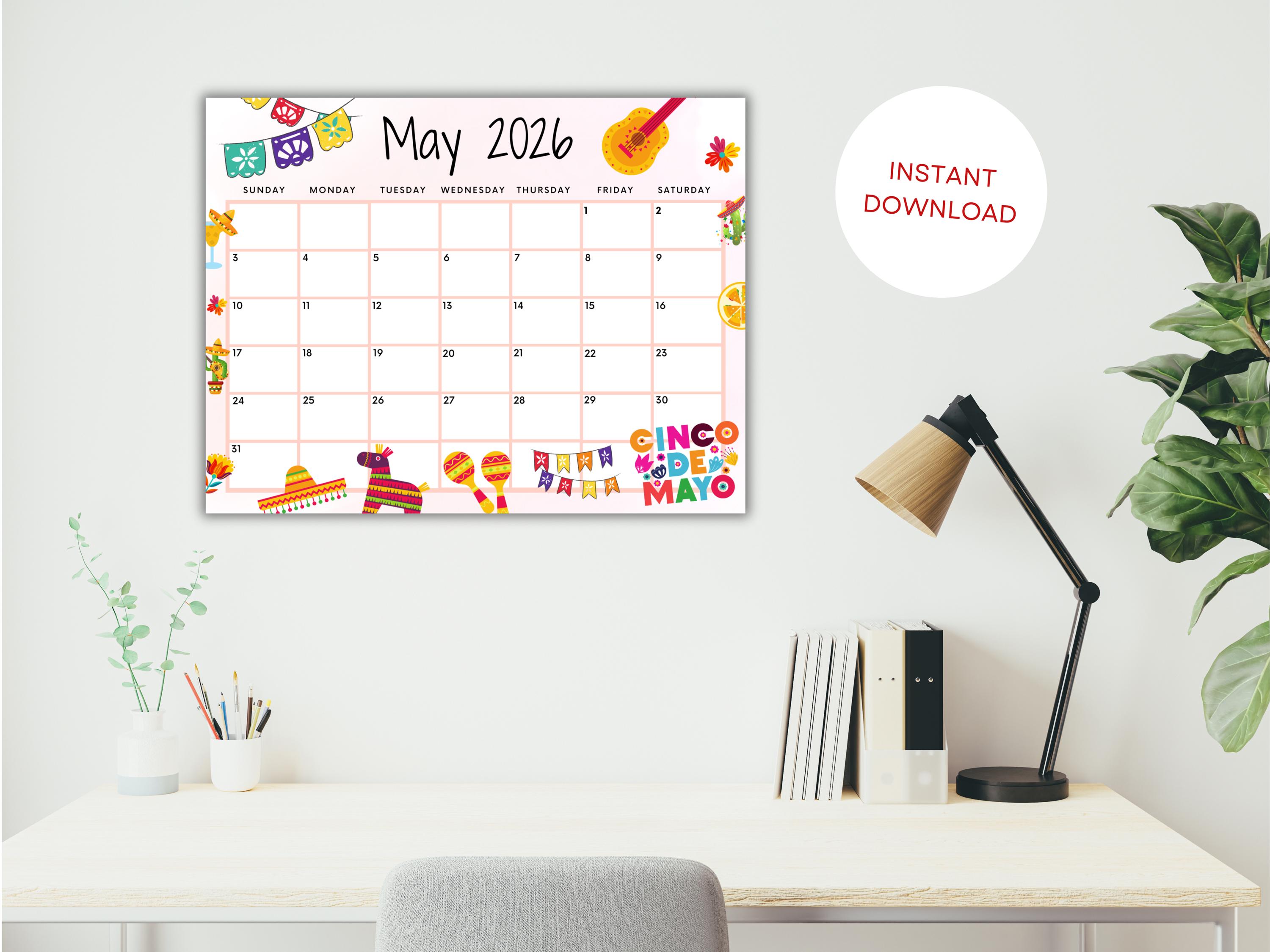 EDITABLE May 2026 Calendar, Printable Cute Pink Cinco De Mayo Calendar ...