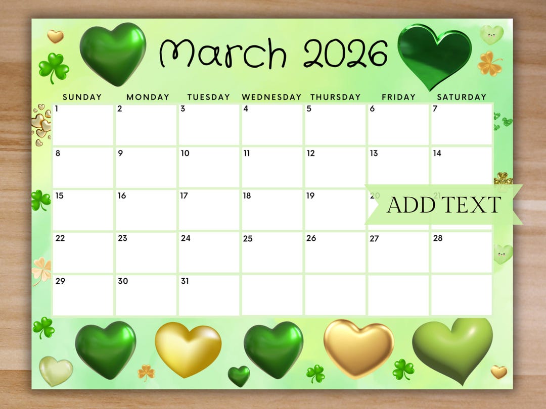 EDITABLE March 2026 Calendar, Printable Calendar Green, Beautiful ...