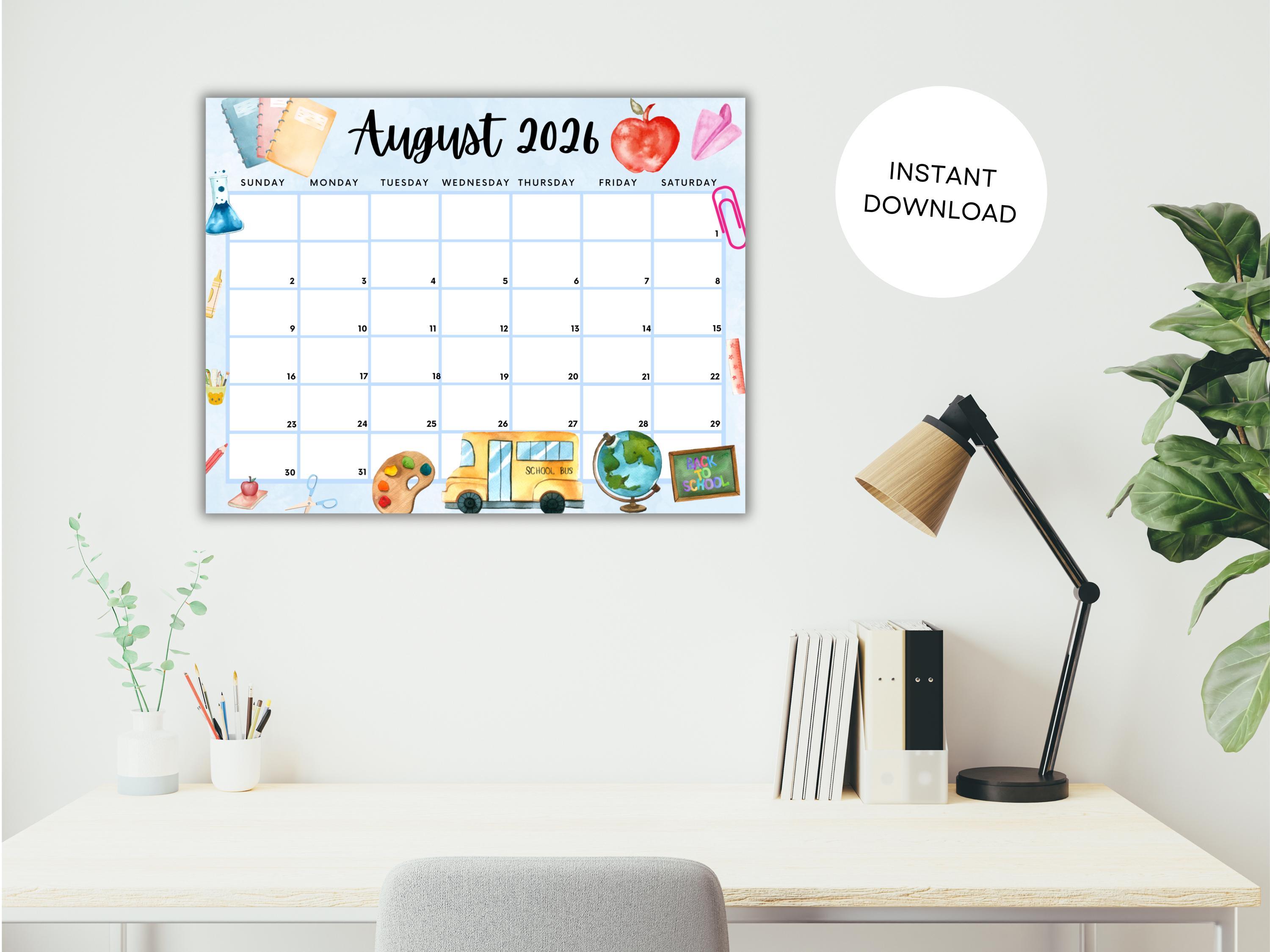 Editable August 2026 Calendar, Printable Back to School Calendar W ...