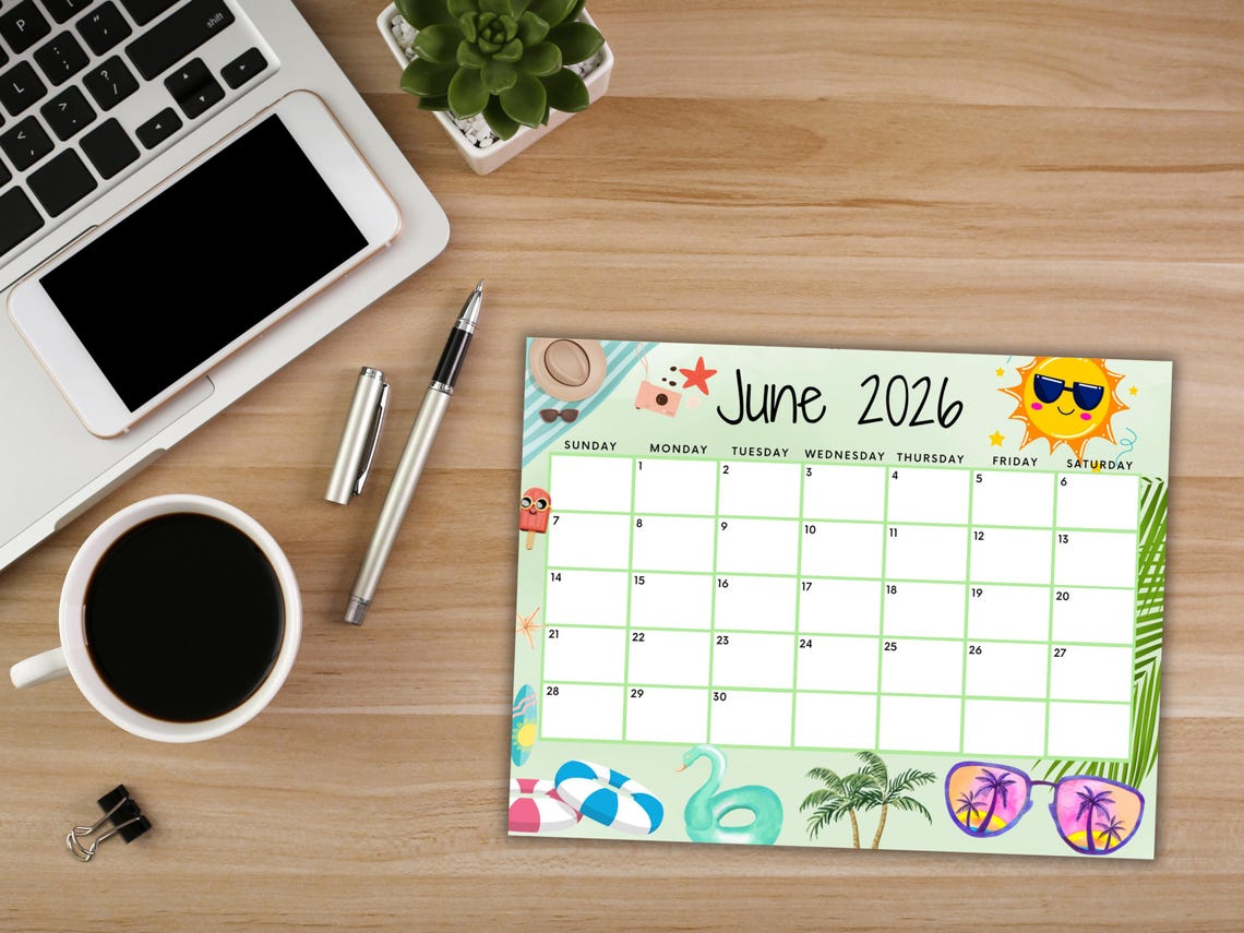 EDITABLE June 2026 Calendar, Printable Summer Calendar, Cute Calendar ...