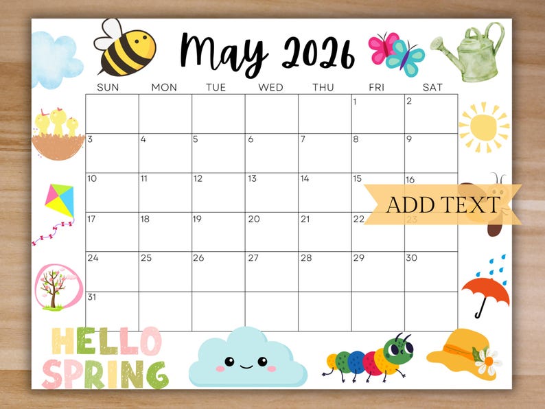 EDITABLE May 2026 Calendar, Printable Calendar 2026, Cute Spring ...