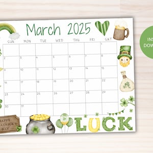 EDITABLE March 2025 Calendar, Printable Calendar 2025 W/ St Patricks ...