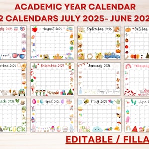 Editable School Calendar 2025-2026 From July to June- Printable Kids ...