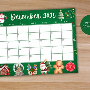 Editable December 2025 Calendar, Printable Green Christmas Calendar W ...