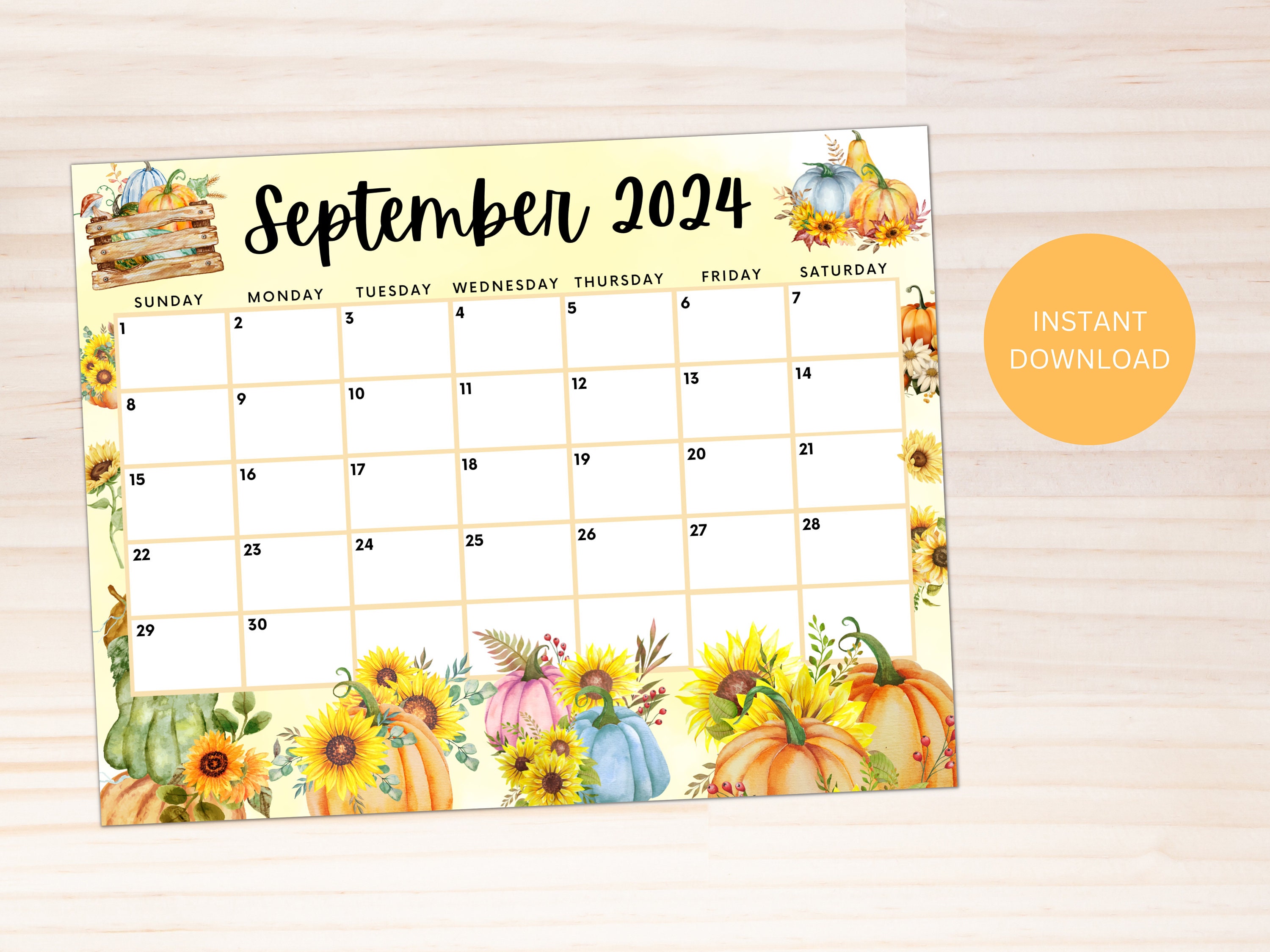 Editable September 2024 Calendar, Printable Calendar W/ Sunflowers and ...