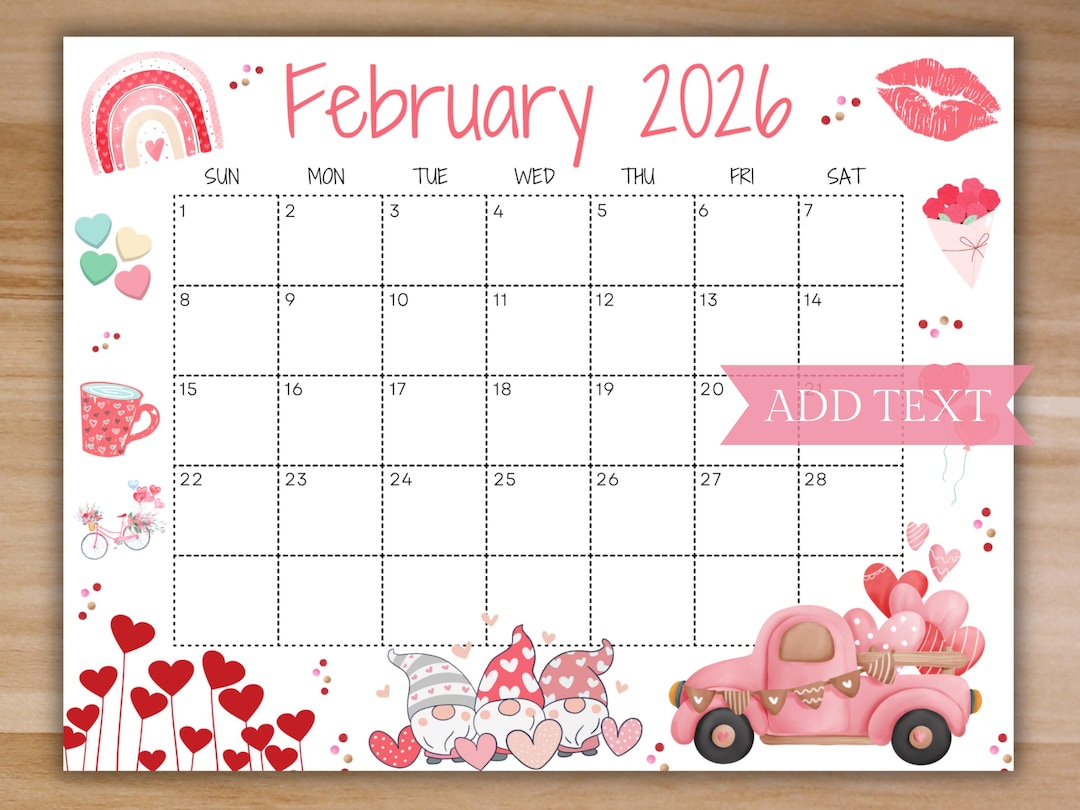 Editable February Calendar 2026, Printable Calendar 2026, Cute Calendar ...