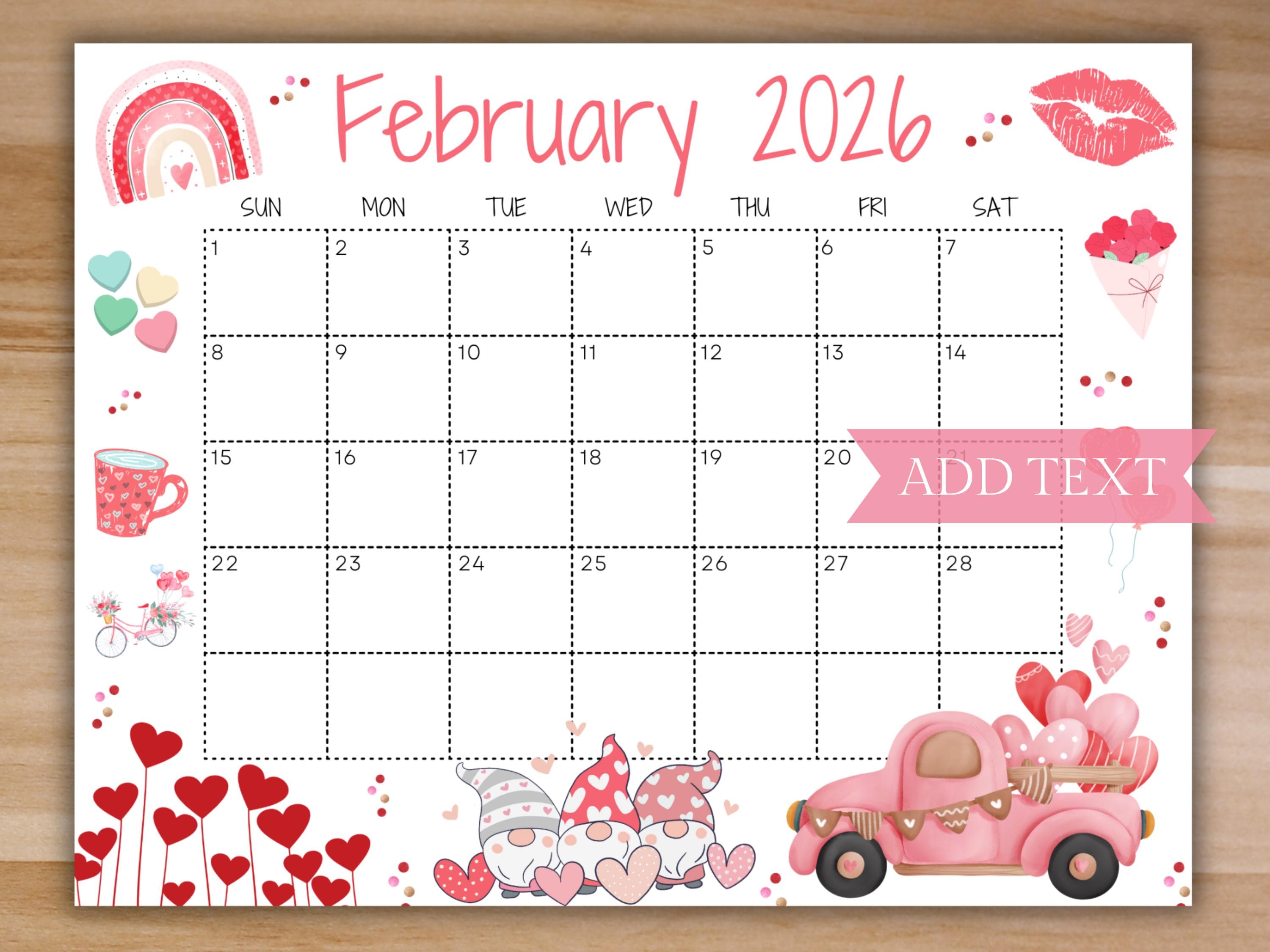 Editable February Calendar 2026, Printable Calendar 2026, Cute Calendar ...