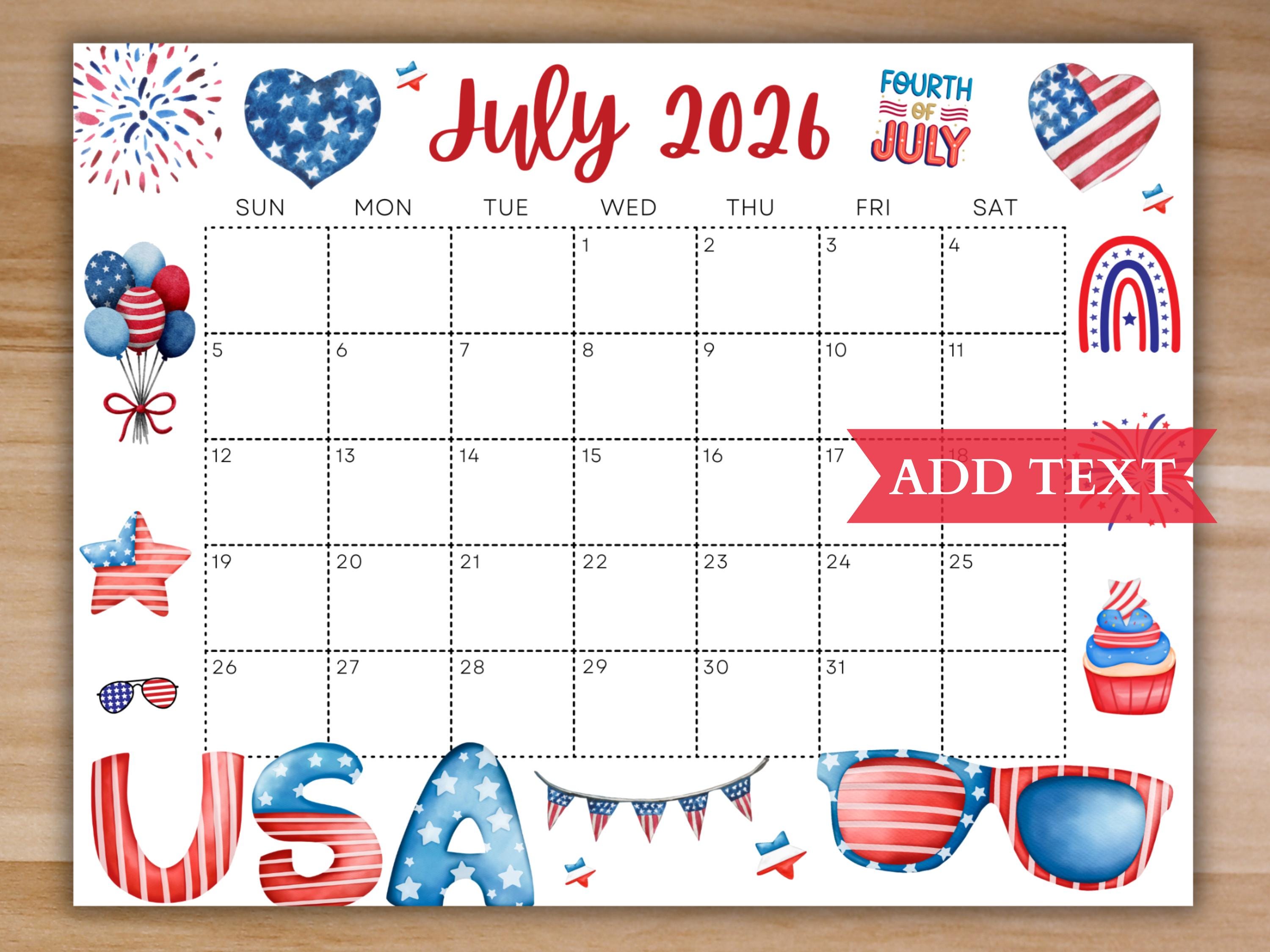 Printable Fourth of July 2026 Calendar, Editable Summer Calendar With ...