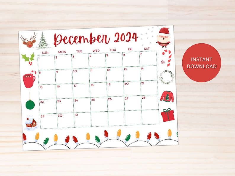 PRINTABLE December Calendar, Christmas Calendar, Holiday Calendar ...
